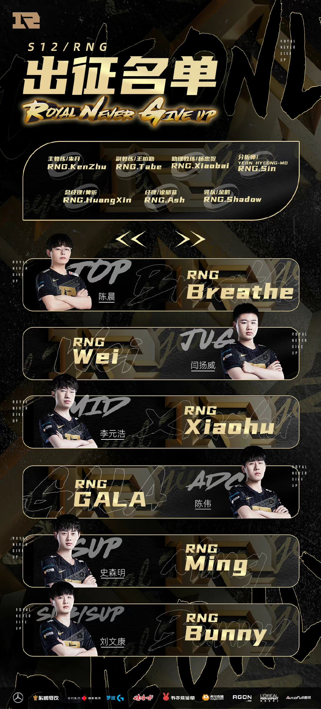 RNG官宣出征S12名单：Breathe、Wei、Xiaohu、GALA、Ming