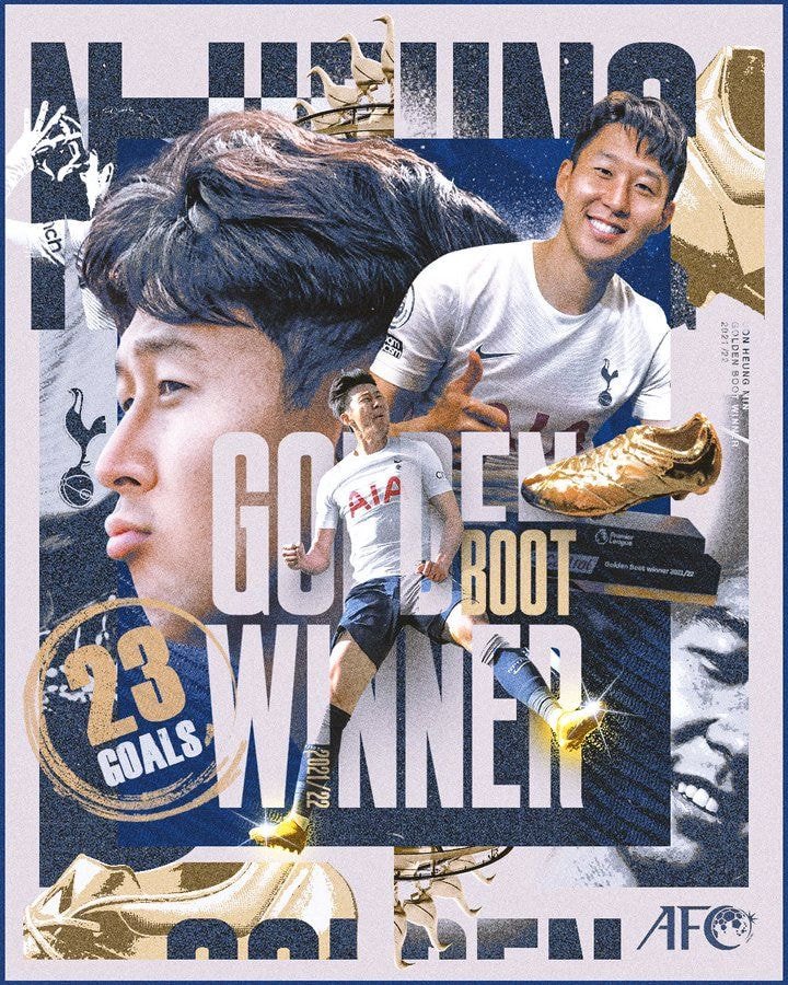 亚足联祝贺孙兴慜获英超金靴。这海报做的真绚。