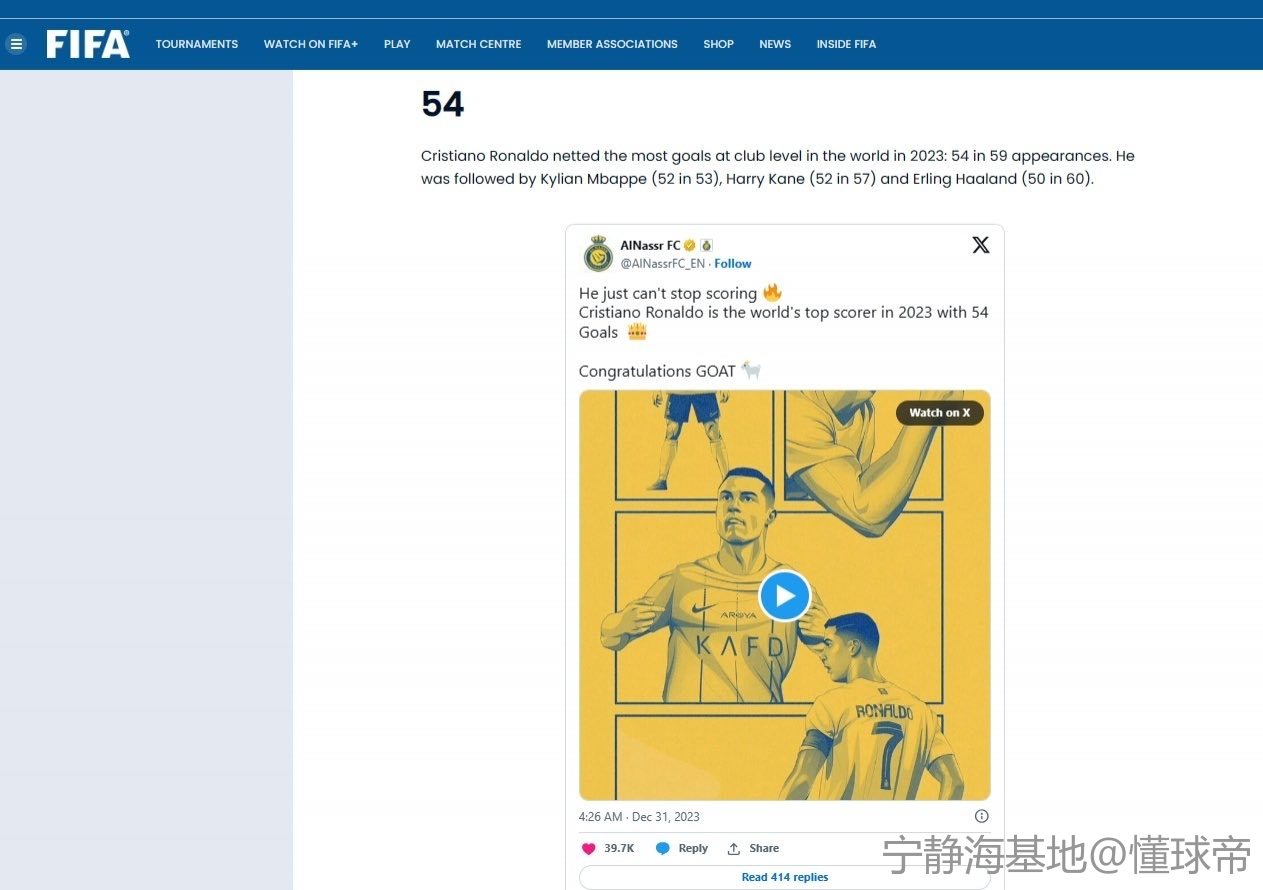 54球！官方：C罗当选IFFHS年度最佳射手