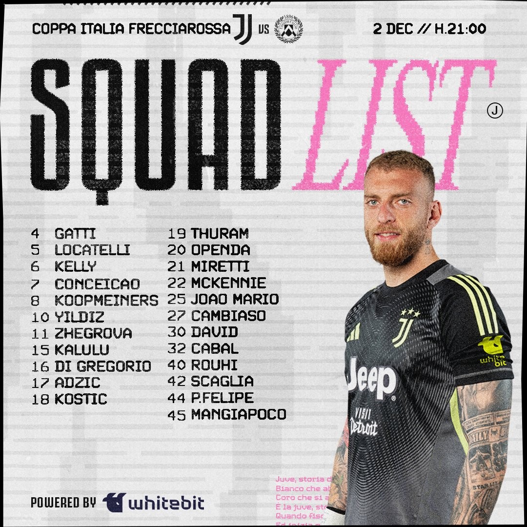 尤文战乌迪内斯大名单：伊尔迪兹领衔，弗拉霍维奇、佩林缺阵|尤文图斯|佩林|洛卡特利|科斯蒂奇|弗拉霍维奇|奥蓬达|迪格雷戈里奥|劳埃德-凯利 ...